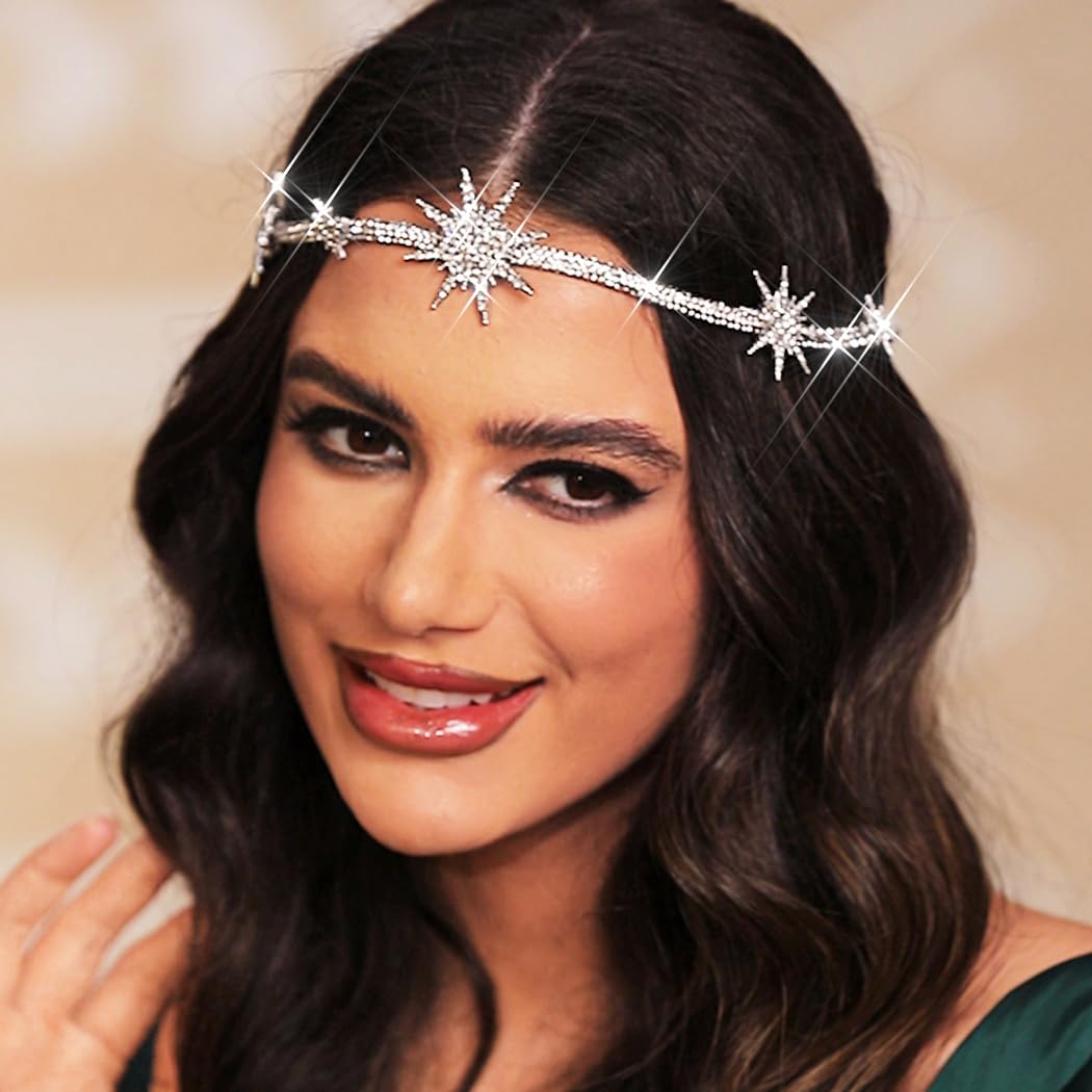 Amazon.com : JEAIRTS Rhinestone Headband Silver Star Hair Band Sparkly ...