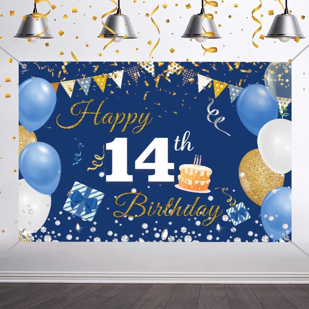 Happy 14th Birthday Backdrop Party Decoration Banner for Boy/Girl Happy ...