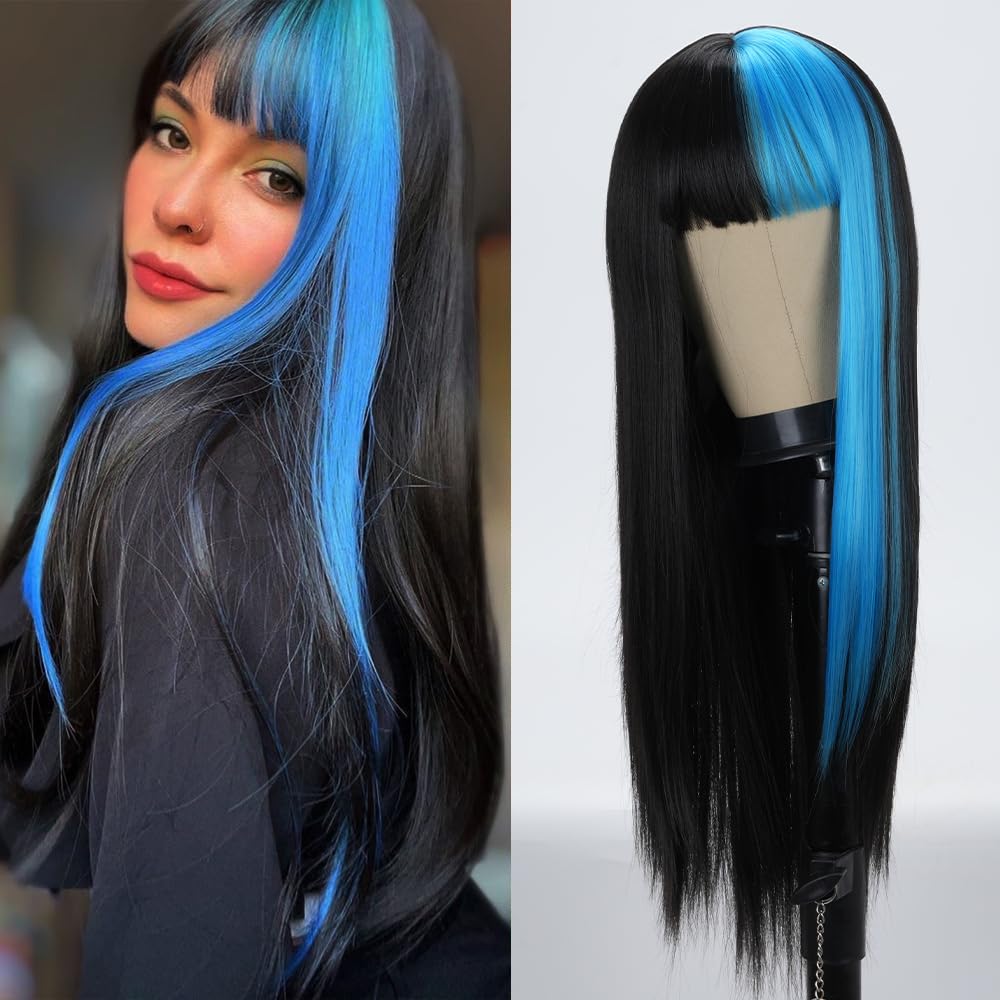 Amazon.com : Sabosi Long Blue Black Hair Synthetic Wigs with Bangs Long ...