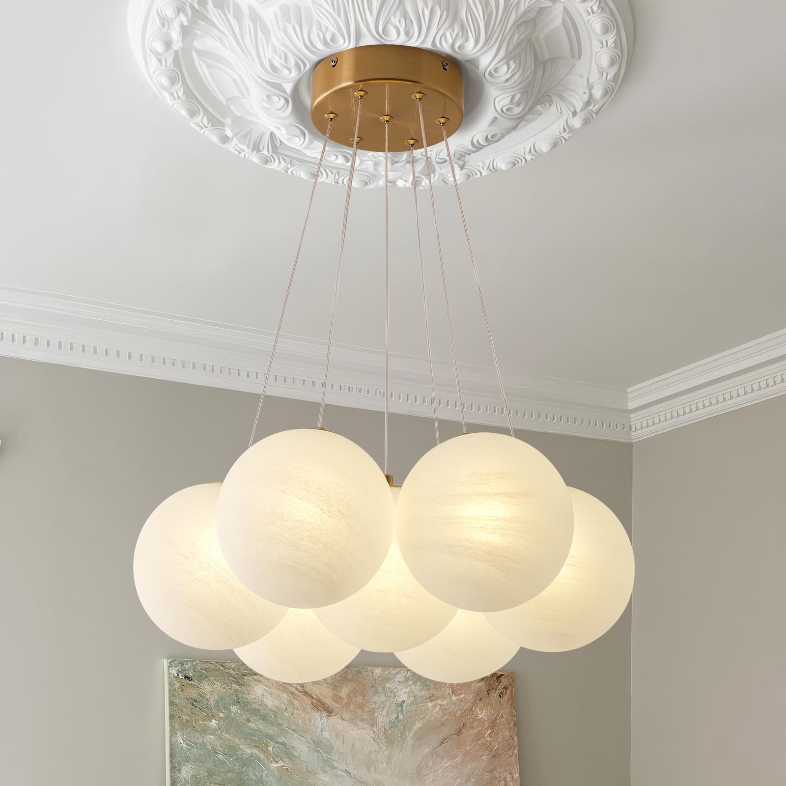 Boho Caged 7-Lights Milk Glass Bubble Chandeliers Lighting, Modern ...