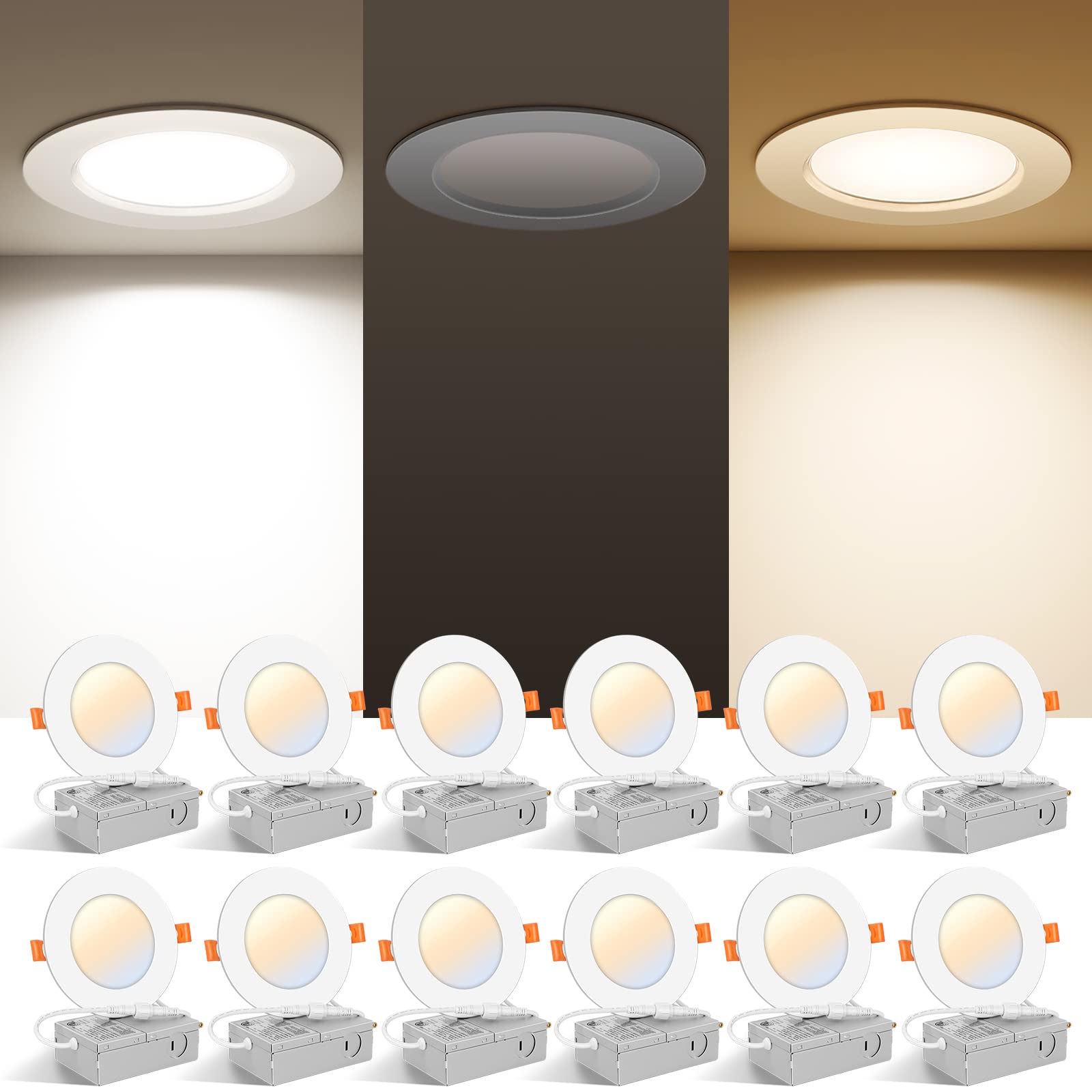 FORT 4inch 3CCT LED Recessed Slim Pot Light with Junction Box 12Pack ...