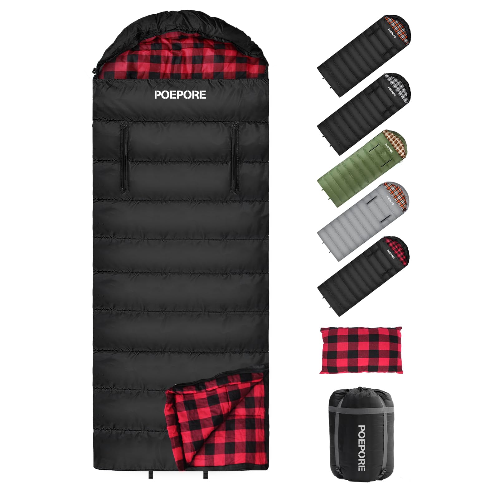 POEPORE Flannel Sleeping Bag with Pillow Lightweight Warm Weather 3-4 ...