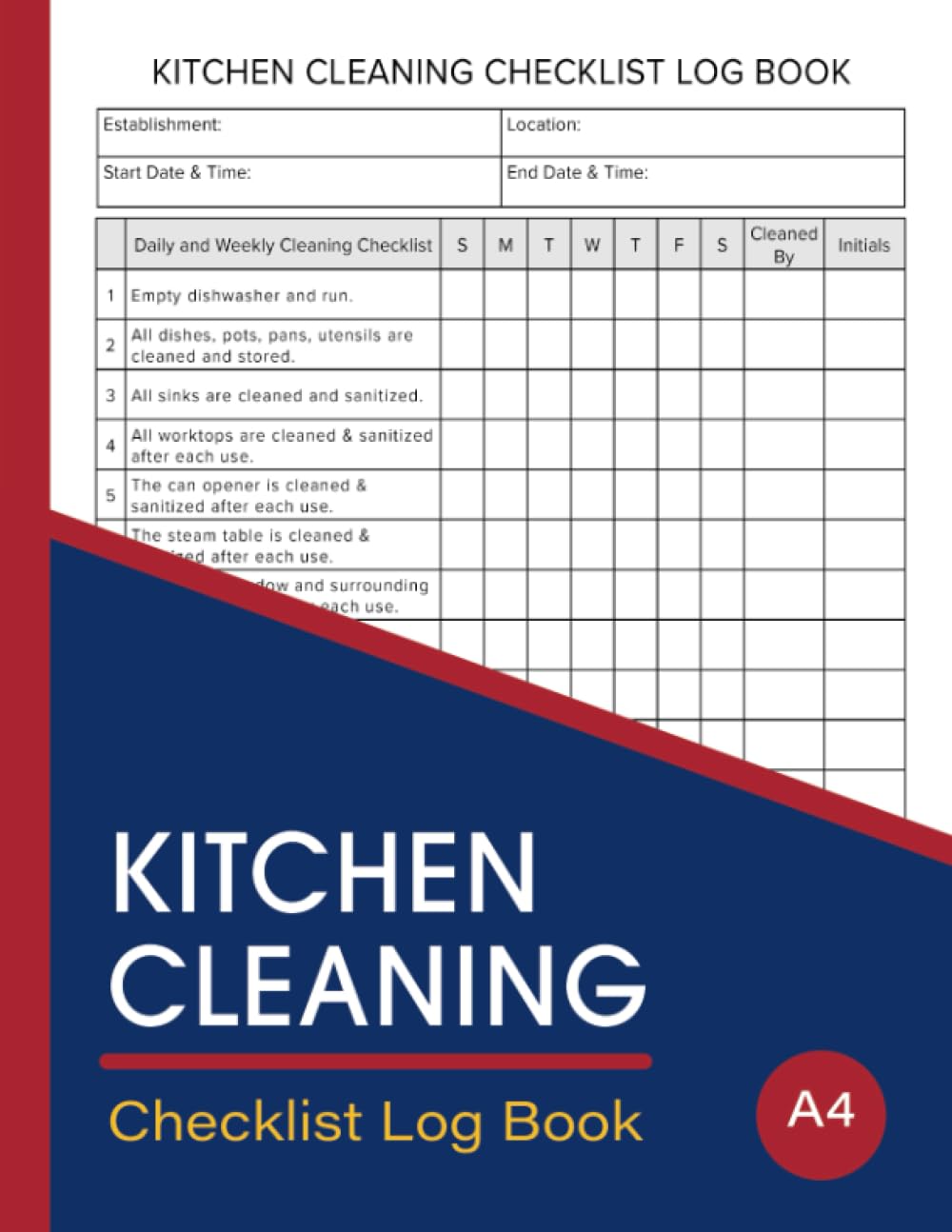 Kitchen Cleaning Checklist Log Book: For Commercial Restaurants, Cafes ...