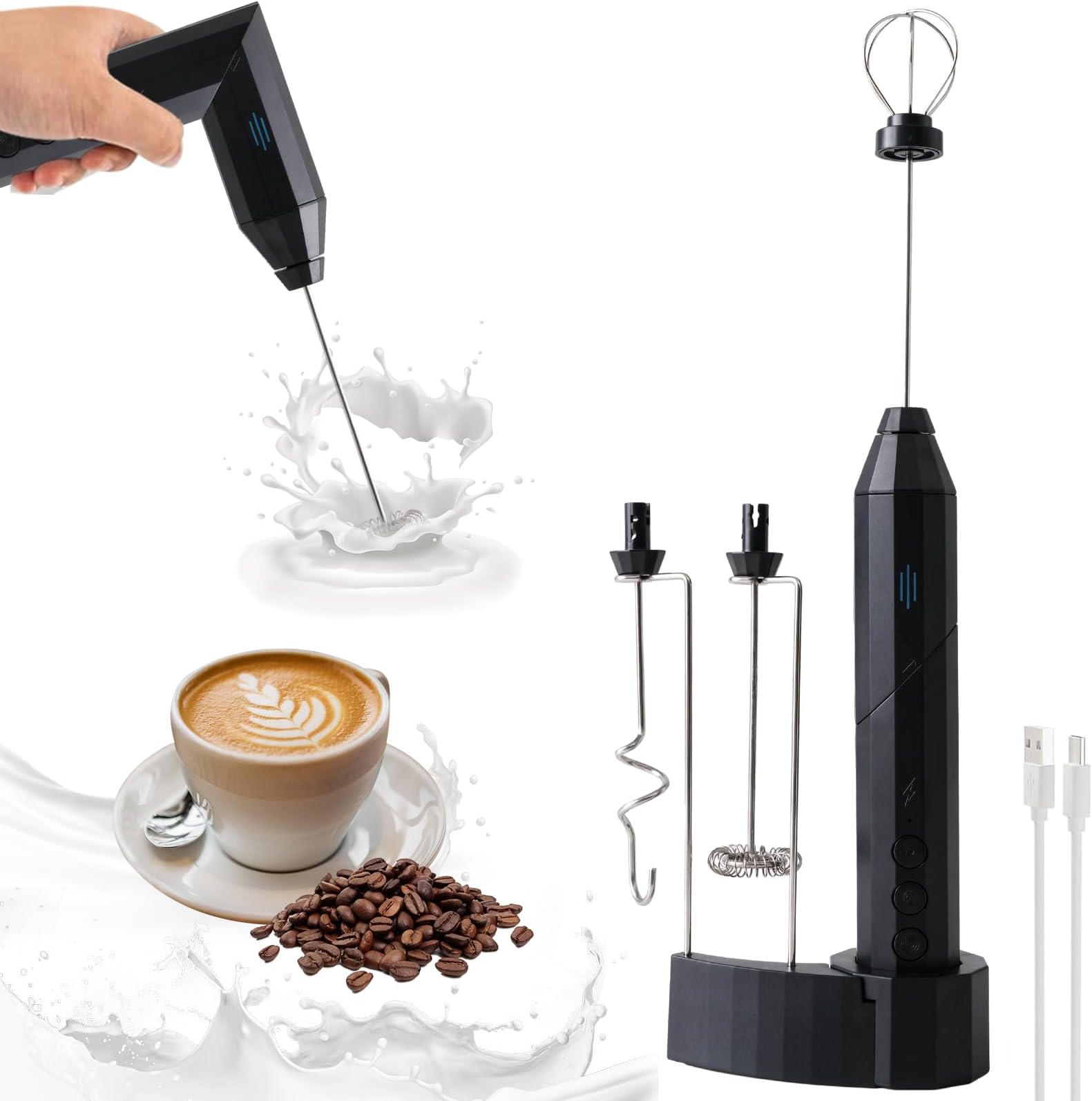 SCUXASH Electric Milk Frother Handheld, USB Rechargeable Coffee Frother ...