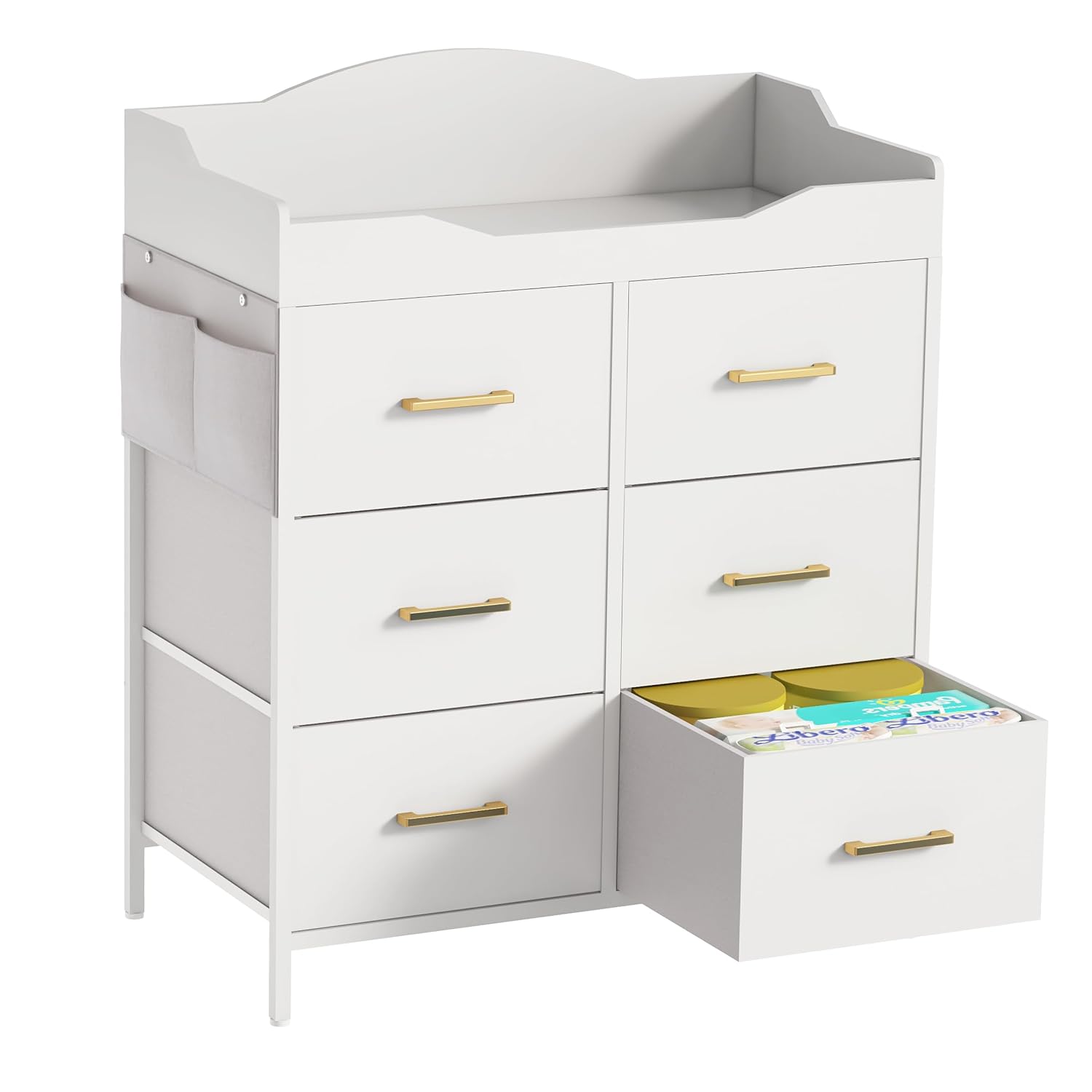 Amazon.com : White Changing Table Dresser with 6 Fabric Drawers and ...