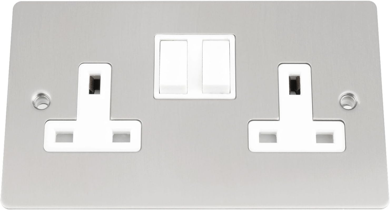 Socket 2 Gang - Satin Matt Chrome - Flat - White Insert Plastic Switch ...