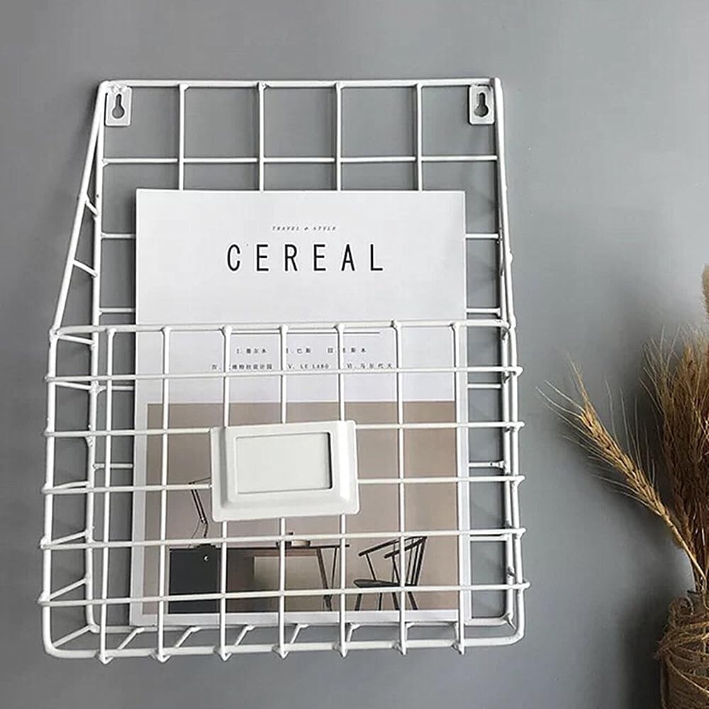 Hanging File Holder - Wall Mounted Metal Mesh Basket Wire Magazine Rack ...