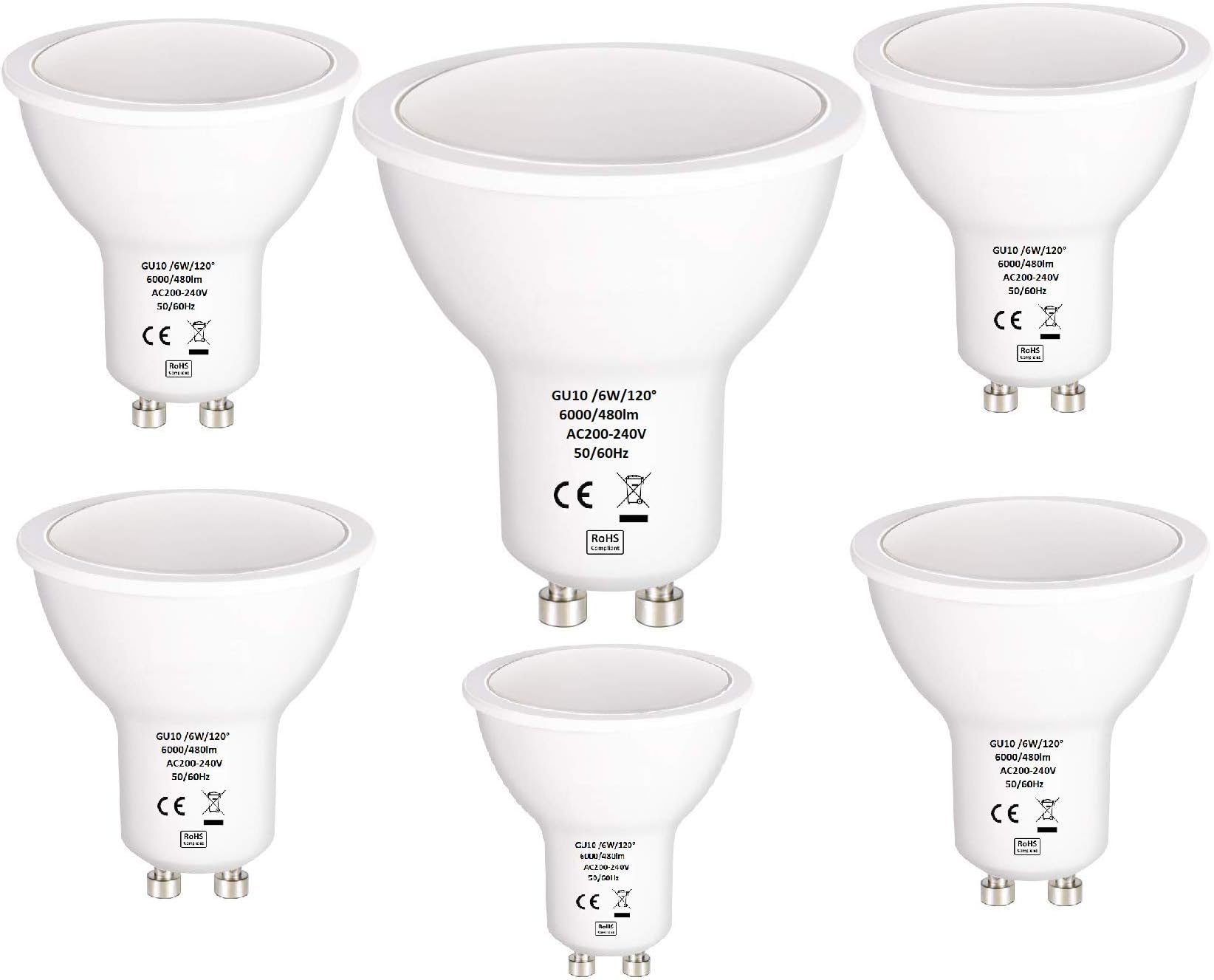 GU10 6W LED Bulb, 6000K Cool White，60W Halogen Bulb Equivalent, 480LM ...