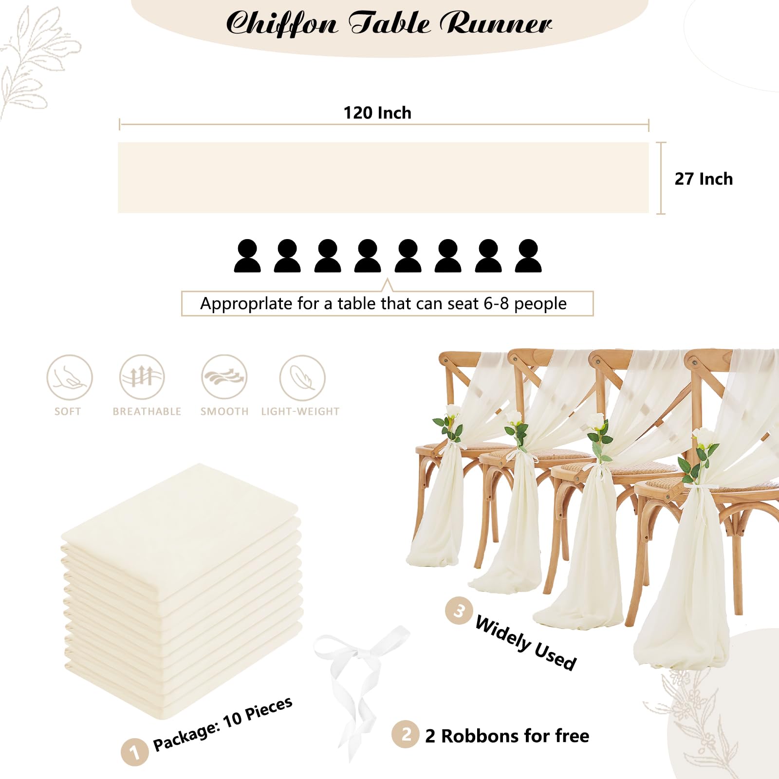 Snapklik.com : Ivory Chiffon Table Runner 10 Pieces 27x120 Inches ...