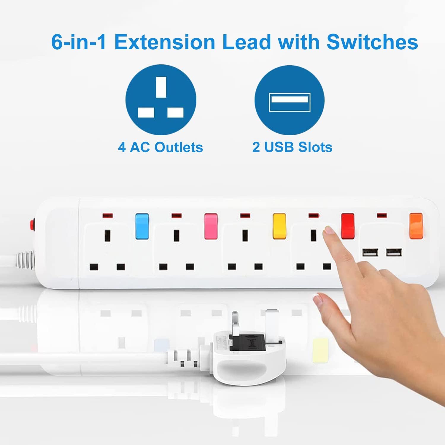 Extension Lead with USB Slots, 2.8M 4 Way Plug Extension Socket with 4 ...