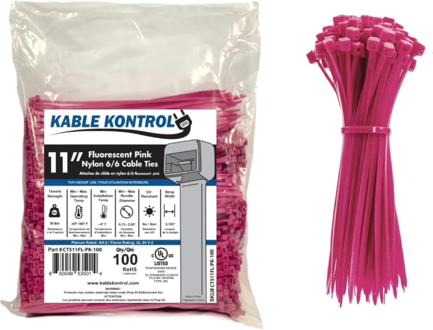 Amazon.com: Kable Kontrol Fluorescent Pink Zip Ties 11 Inch 100 Pcs, 50 ...