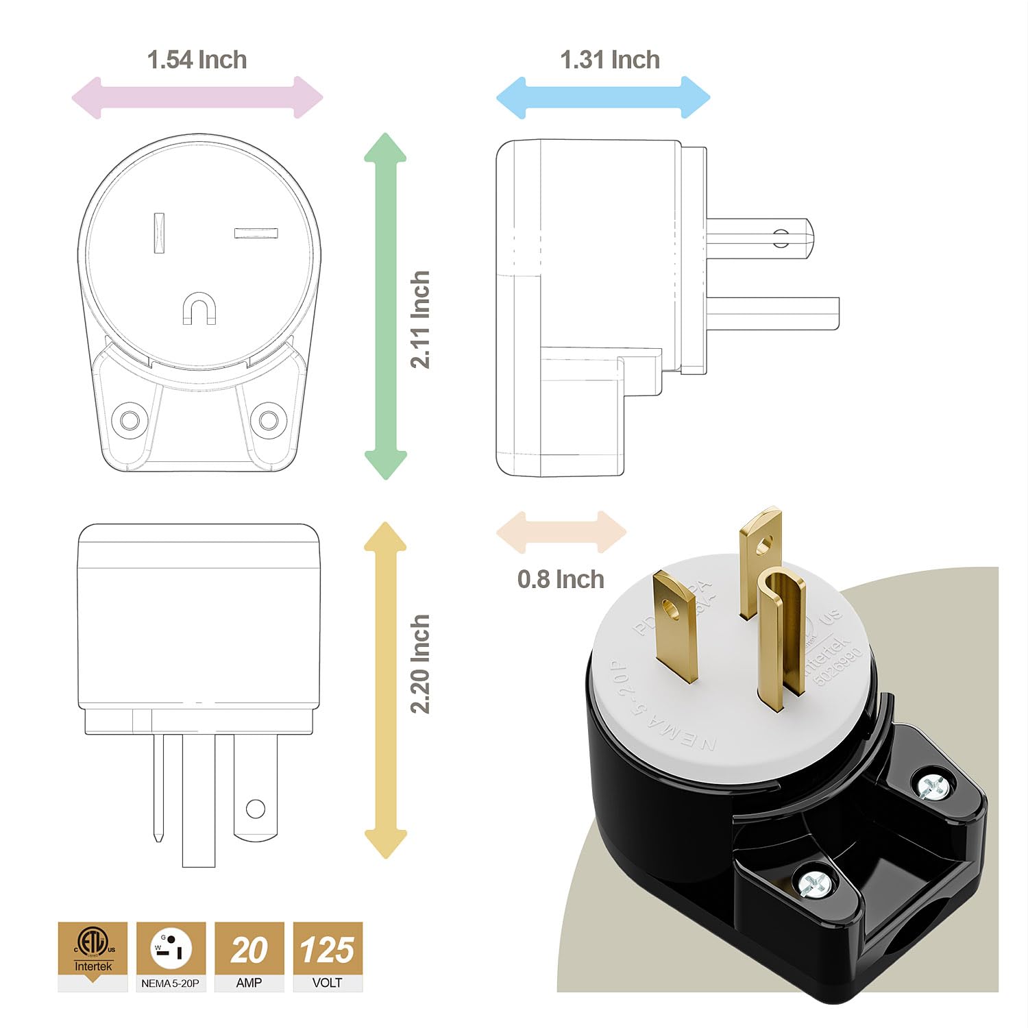 Snapklik.com : USA 3-Prong Male AC Plug, Right Angle ETL Nema 5-20P 3 ...