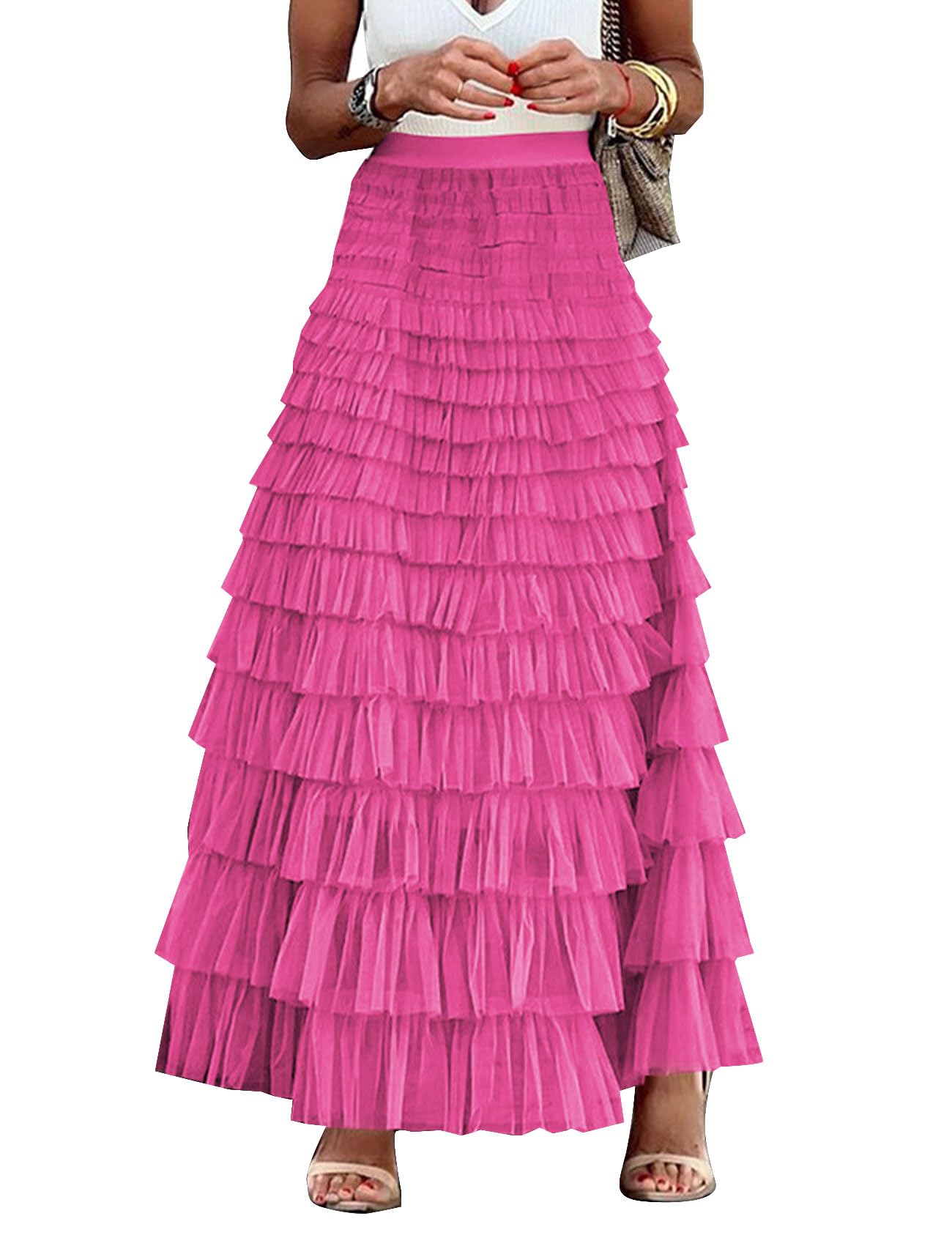 Snapklik.com : Flygo Womens Long Maxi Tulle Skirts A Line Ruffle High Waisted Tiered Layered ...