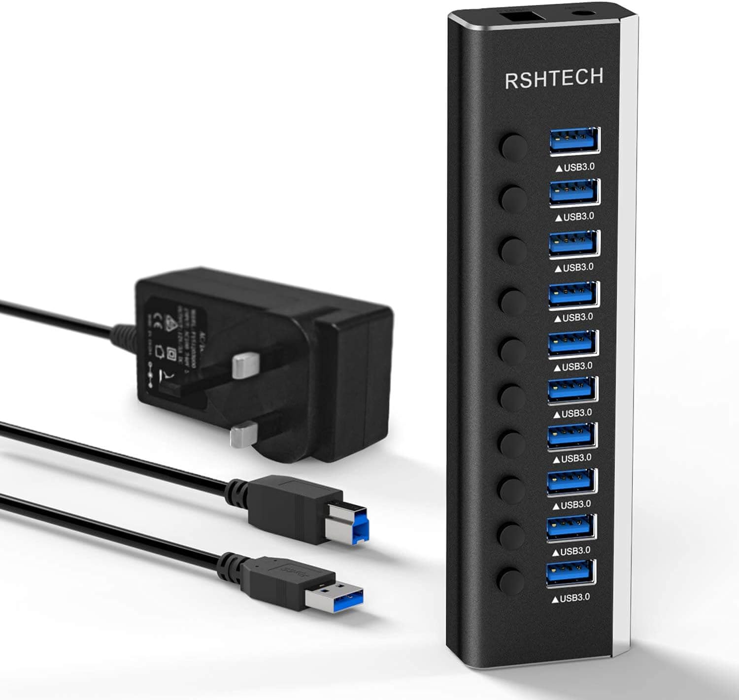 RSHTECH Powered USB 3.0 Hub Aluminum 10 Port USB 3.0 Data Hub with 12V ...