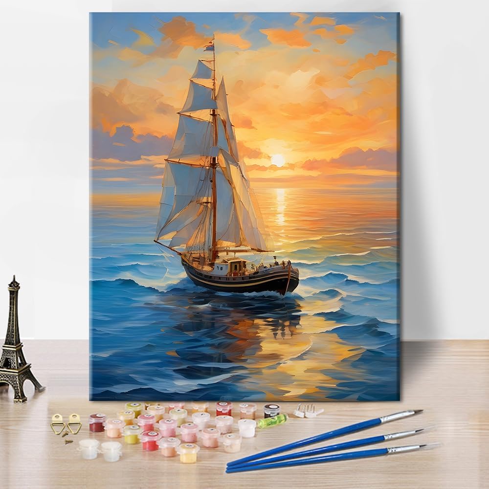Amazon.com: Sailing Ship Adult Paint by Numbers Sunset at Sea Paint by ...
