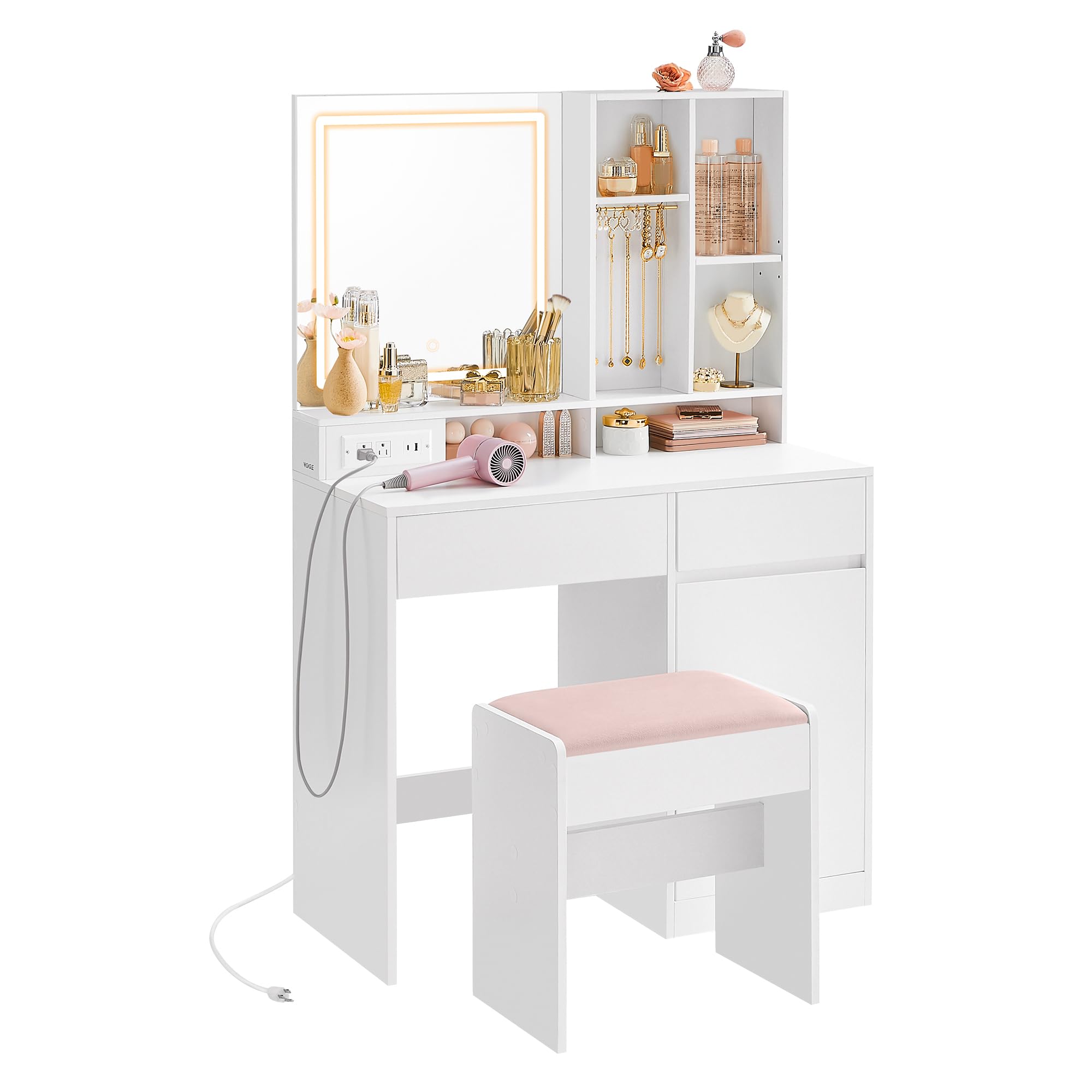 Amazon.com: VASAGLE Vanity Desk with Mirror and Lights, Power Outlets ...