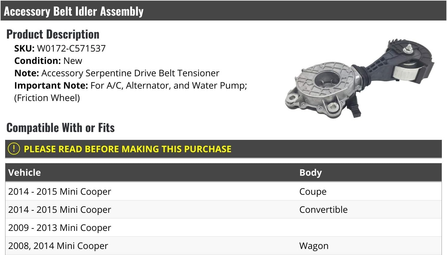 Accessory Serpentine – Tensor de correa de transmisión compatible con ...
