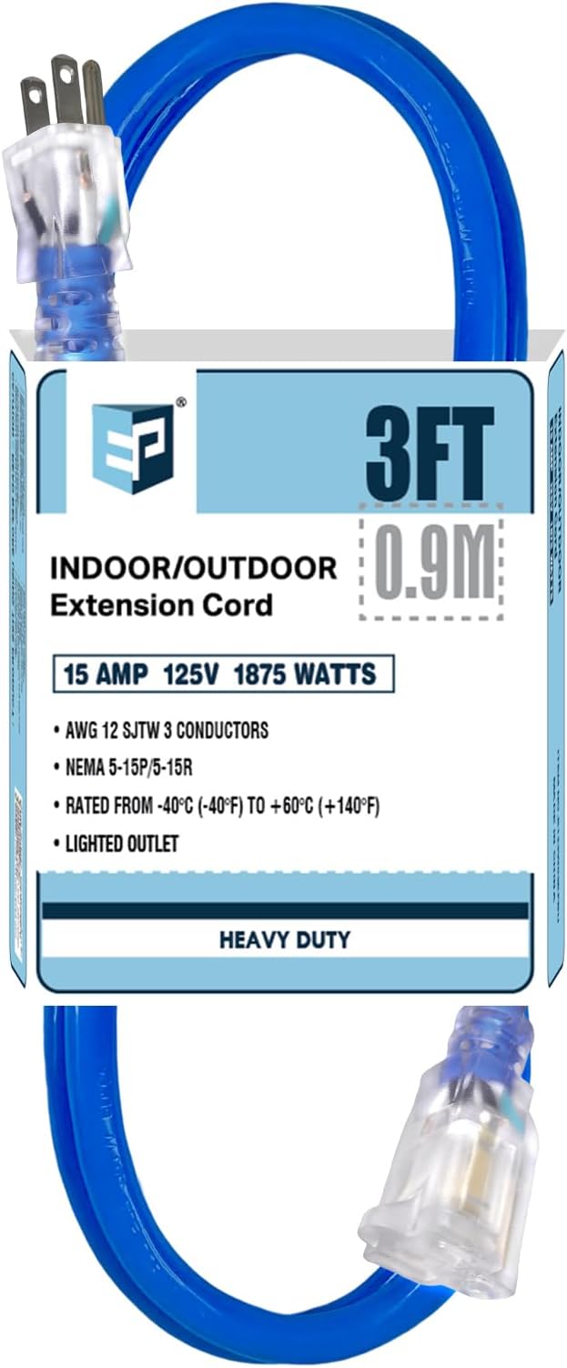 Amazon.com: EP 3 Ft Extension Cord with Lighted End, 12/3 Gauge SJTW ...