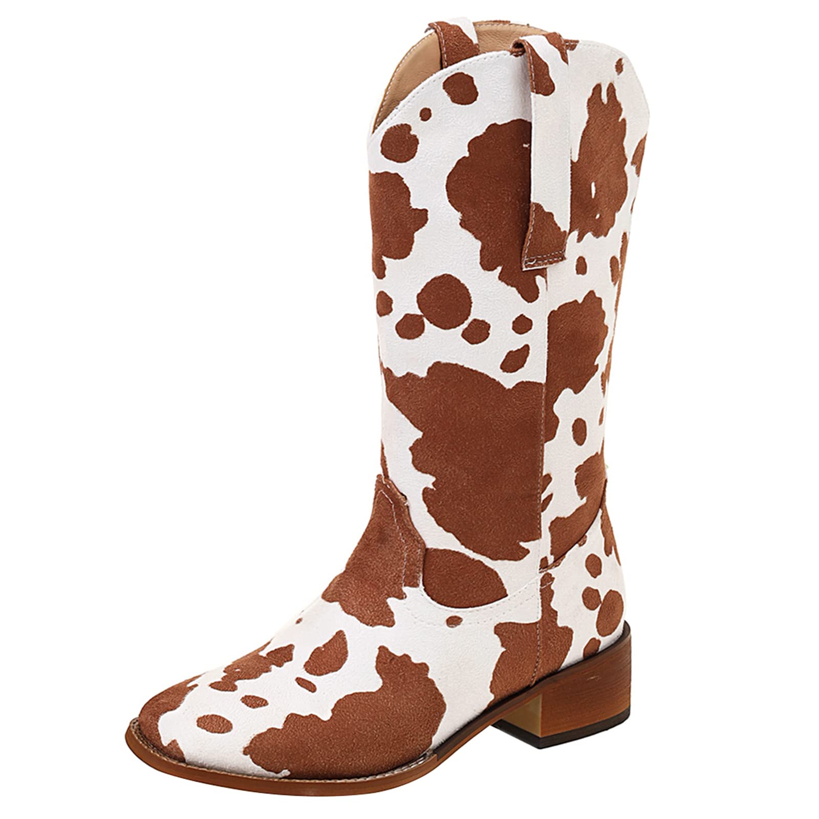 Snapklik.com : Women Cow Print Cowgirl Boots Low Heel Half Boots Square ...