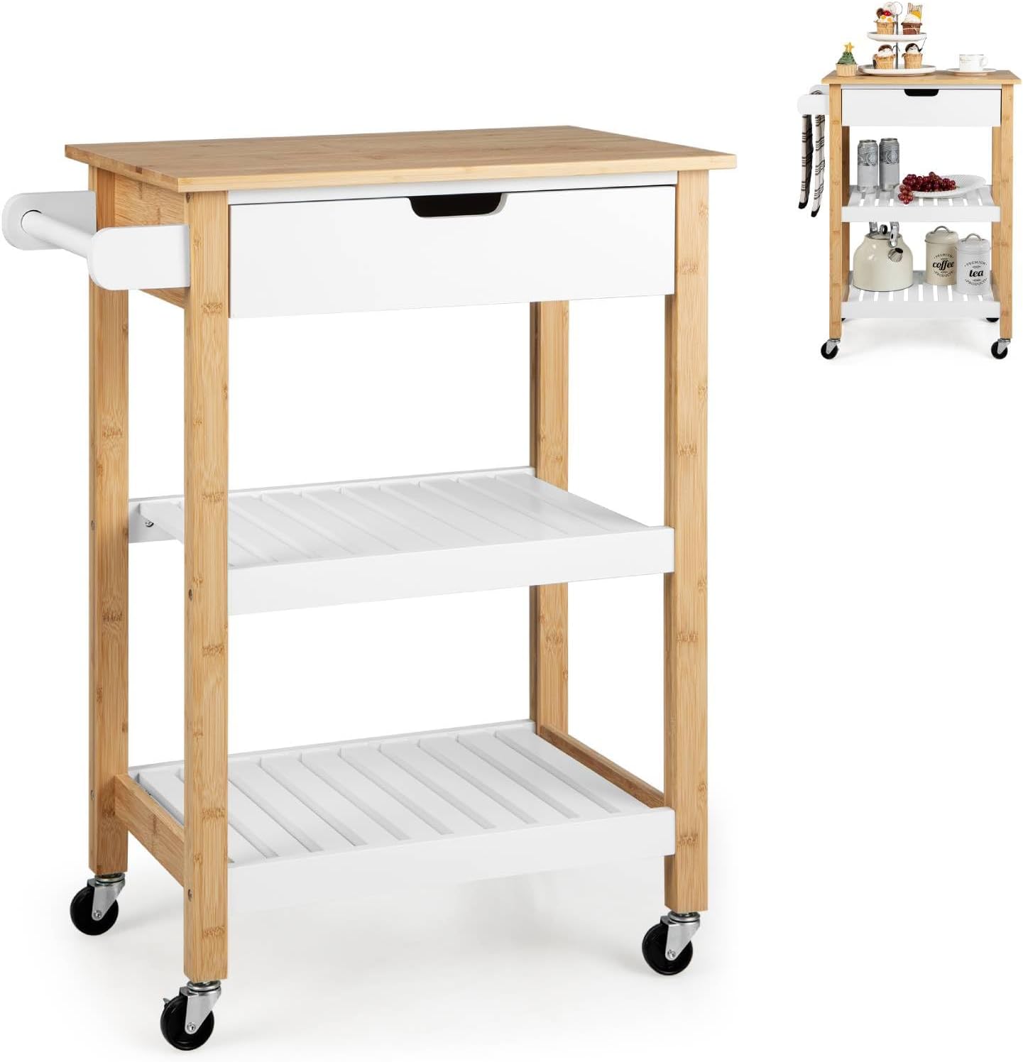 GiantexUK Kitchen Storage Trolley on Wheels, Serving Cart with Bamboo ...
