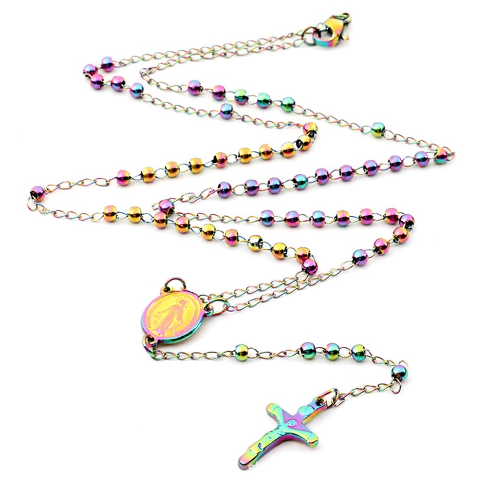 Blowin 3mm Rainbow Beads Christian Rosary Necklace for Women Men ...