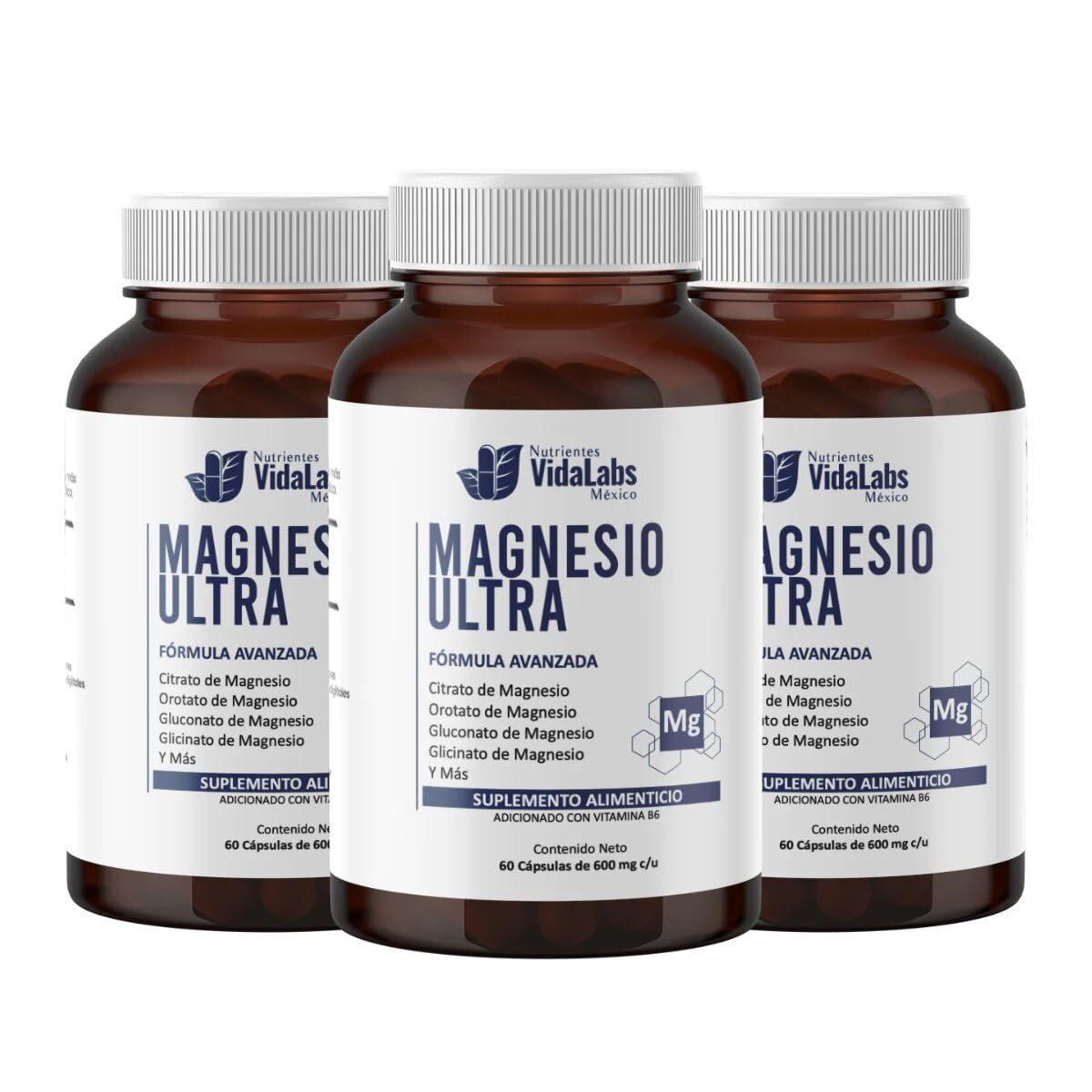 Magnesio Ultra Vida Labs 60 Capsulas por Frasco, Paquete de 3 o 6 Frascos - Magnesio de Amplio ...
