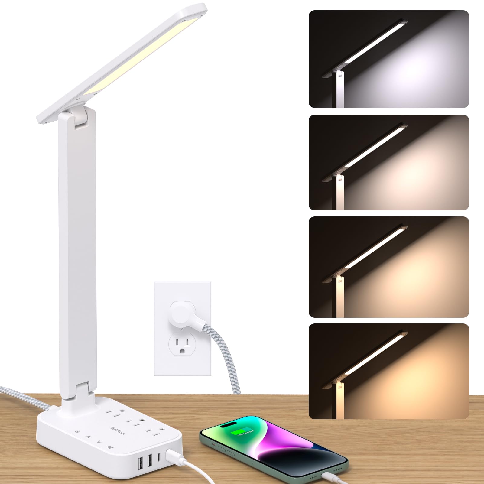 Addtam LED Desk Lamp, Power Strip with 3 Outlets 4 USB Charging Ports(2 ...