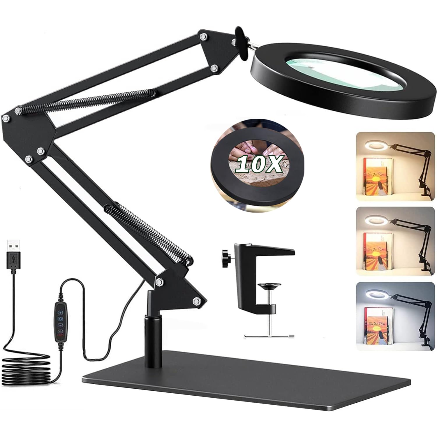 Magnifying Glass with Light and Stand,10X Magnifying LED Desk Lamp with ...