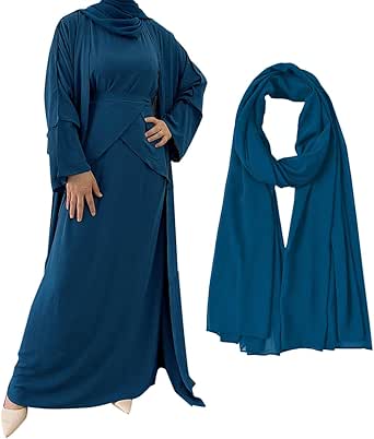 Women's Muslim Abaya Dress Three Pieces Set Islamic Prayer Robe Open ...