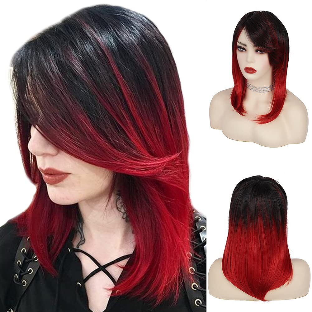 Amazon.com : Sallcks Womens Ombre Black Red Wig Mid Length Straight ...