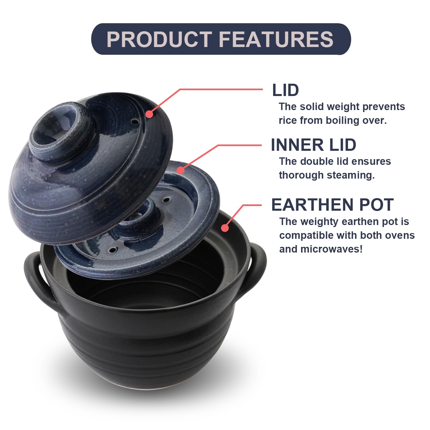 Banko-ware Donabe Japanese Earthenware Rice Pot with Double-Lid ...