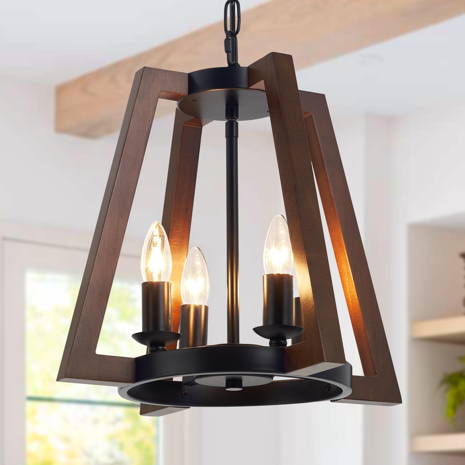 GUIHUALOVE 15.4" Rustic Wood Chandelier 4-Light Farmhouse Wooden ...