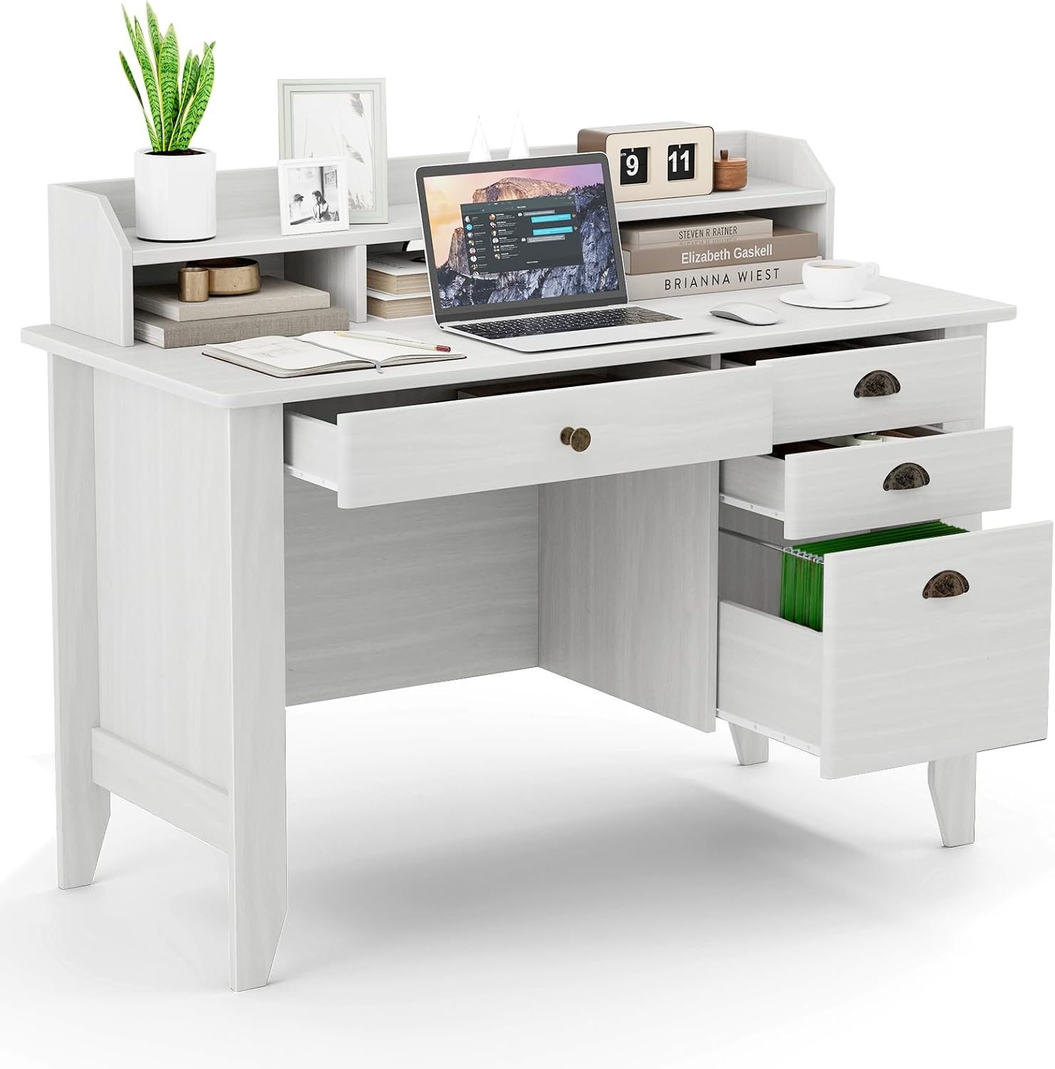 Amazon.com: Safeplus 48" Computer Desk with 4 Storage Drawers and Hutch ...