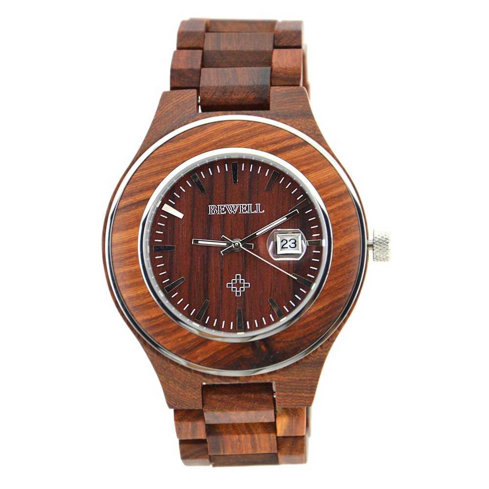 Buy BEWELL Stainless Steel with Red Wood Watch for Men, Equipped with ...