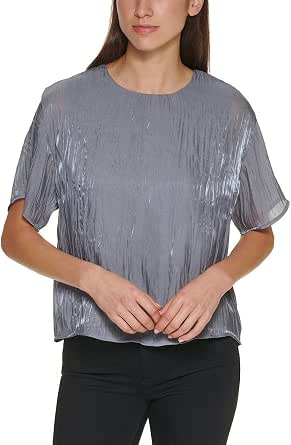Calvin Klein Womens Crinkle Metallic Blouse, Tin, Large at Amazon Women ...