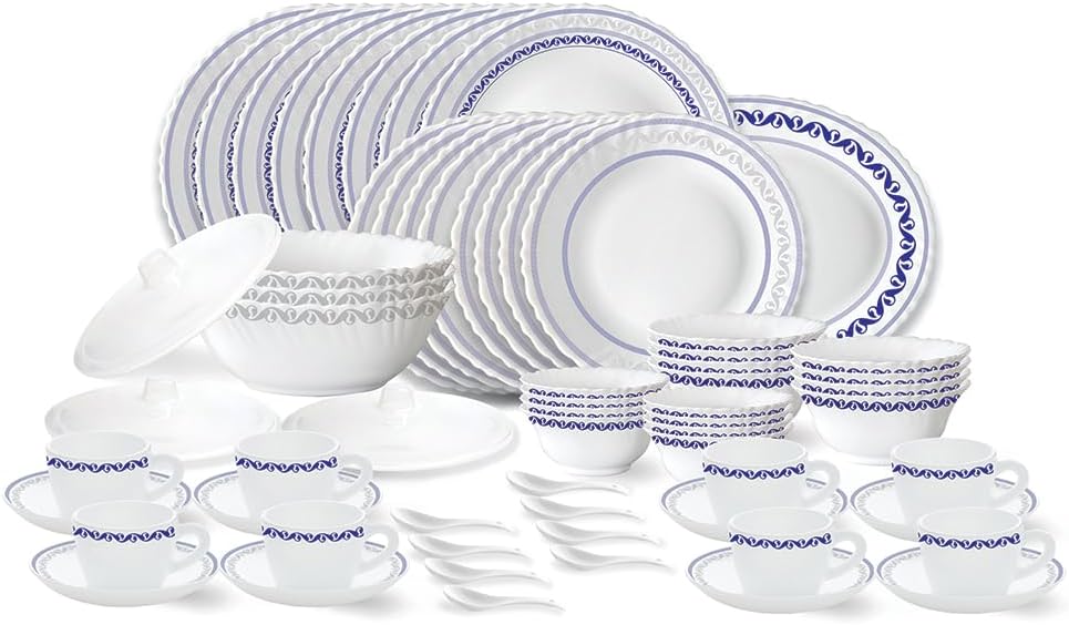 Larah by Borosil Ocean Fluted Series Opalware Dinner Set | 63 Pieces ...