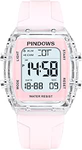 Amazon | PINDOWS女性用デジタルスポーツウォッチ、クリアな透明ケース、明るいLEDライト、5ATM防水、ストップウォッチアラームデュアルタイム表示、アクティブな女性やティーン向け ...