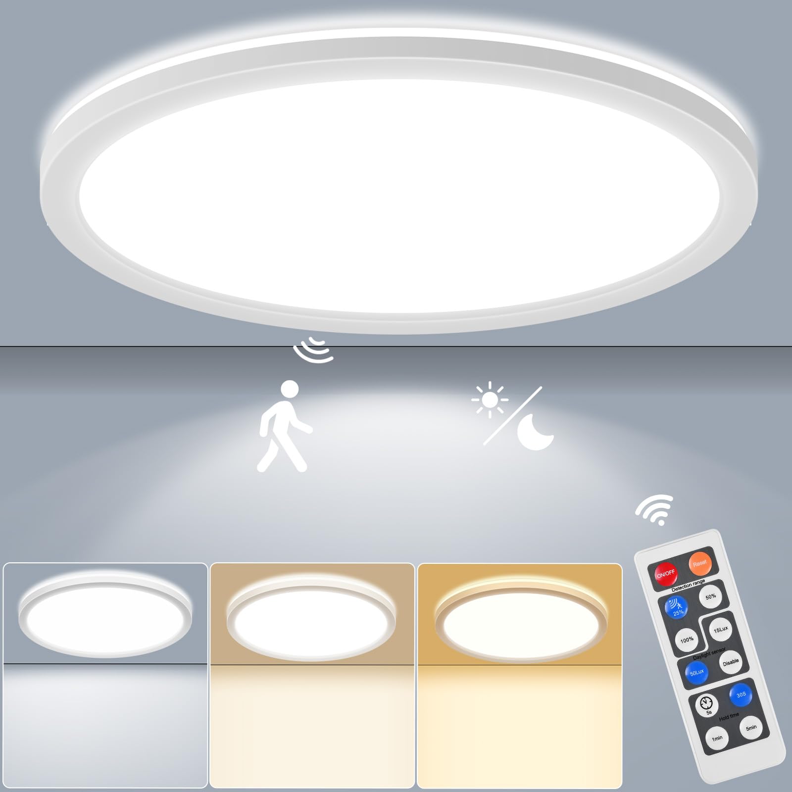24W Motion Sensor LED Ceiling Light Wired, 2400lm 12Inch 2700K/4000K ...