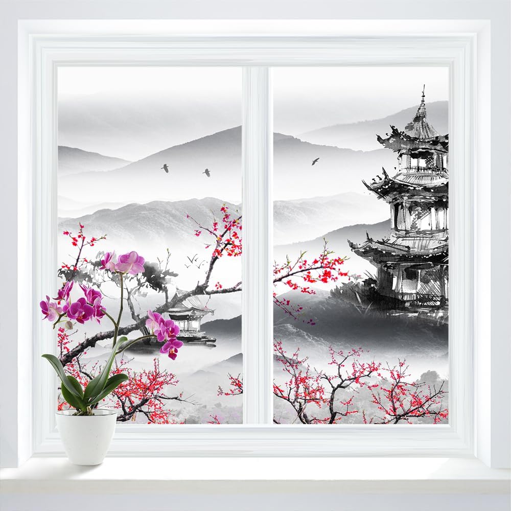 Style Japanese Window Clings,Cherry Blossom Japanese Black Mountain ...