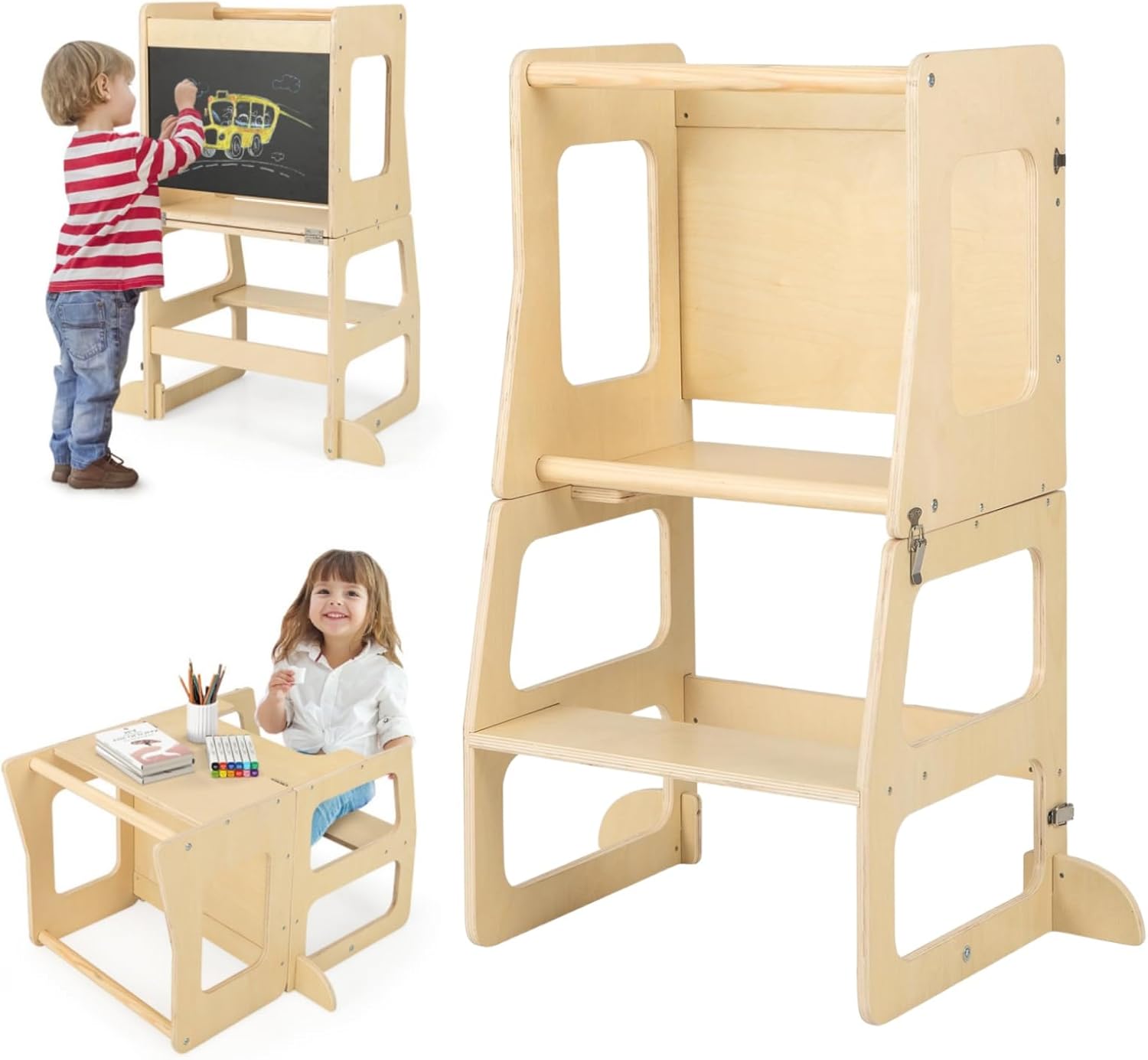 GYMAX Kids Step Stool, 3-in-1 Wooden Kitchen Helper Stand with ...