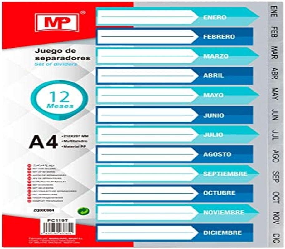 JUEGO DE SEPARADORES 12 MESES A4 MP : Amazon.es: Oficina y papelería