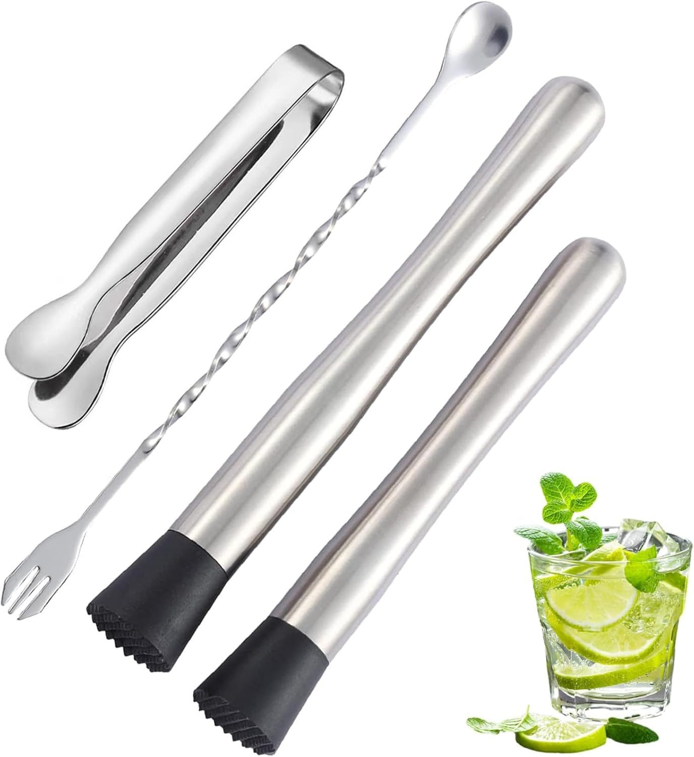 4 Pcs Cocktail Muddler Set, Stainless Steel Mojito Kit with Bar Spoon ...