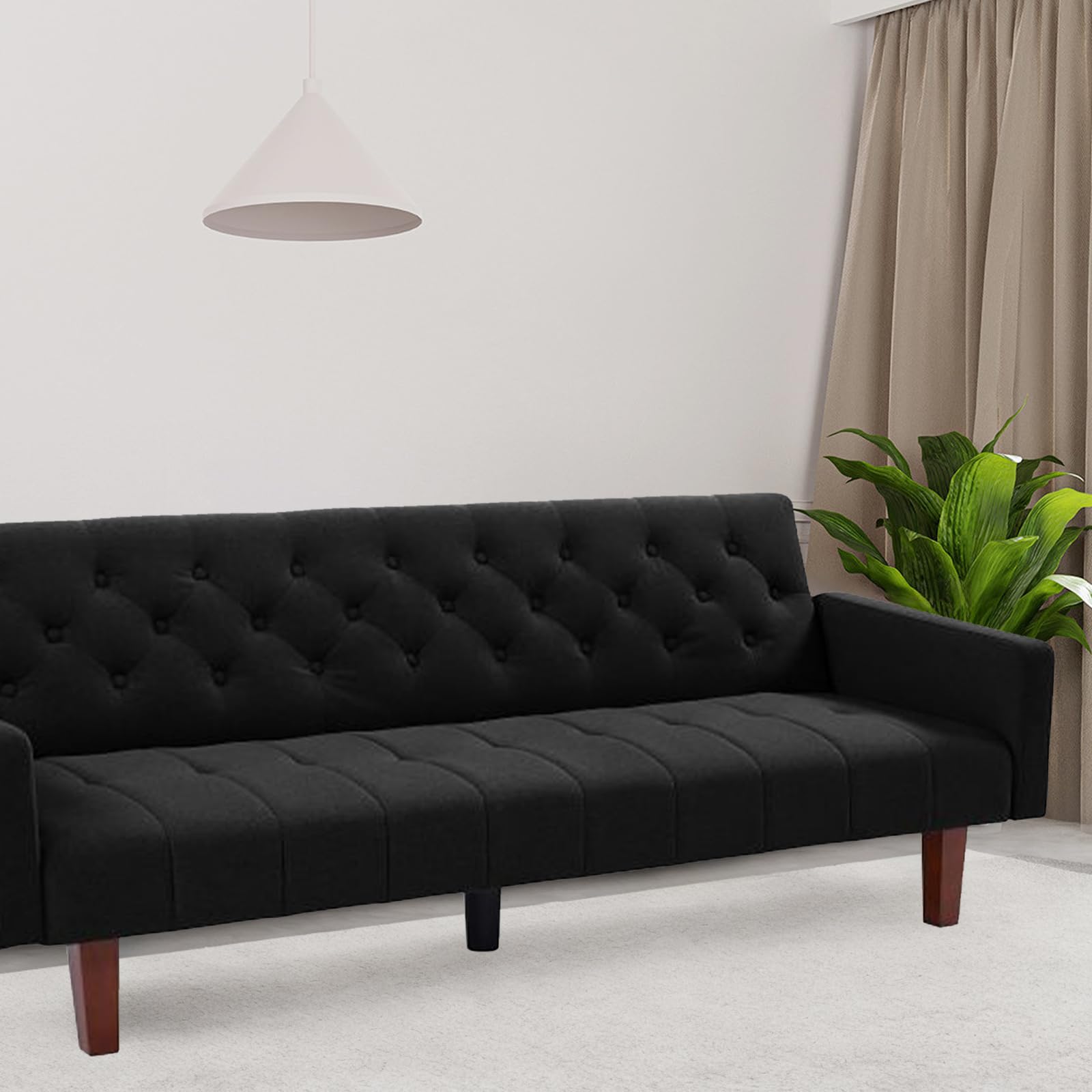 Fangflower Black Tufted Back Sofa Bed Mid-Century Convertible Sleeper ...