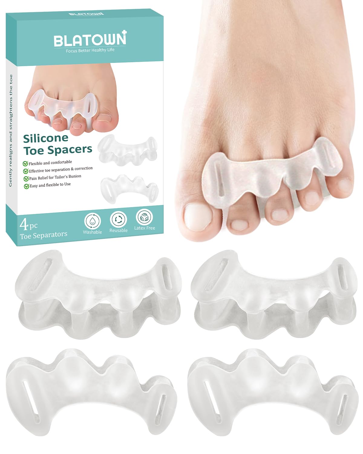Amazon.com: BLATOWN 2Pairs Toe Spacers Silicone Gel Toe Separators ...