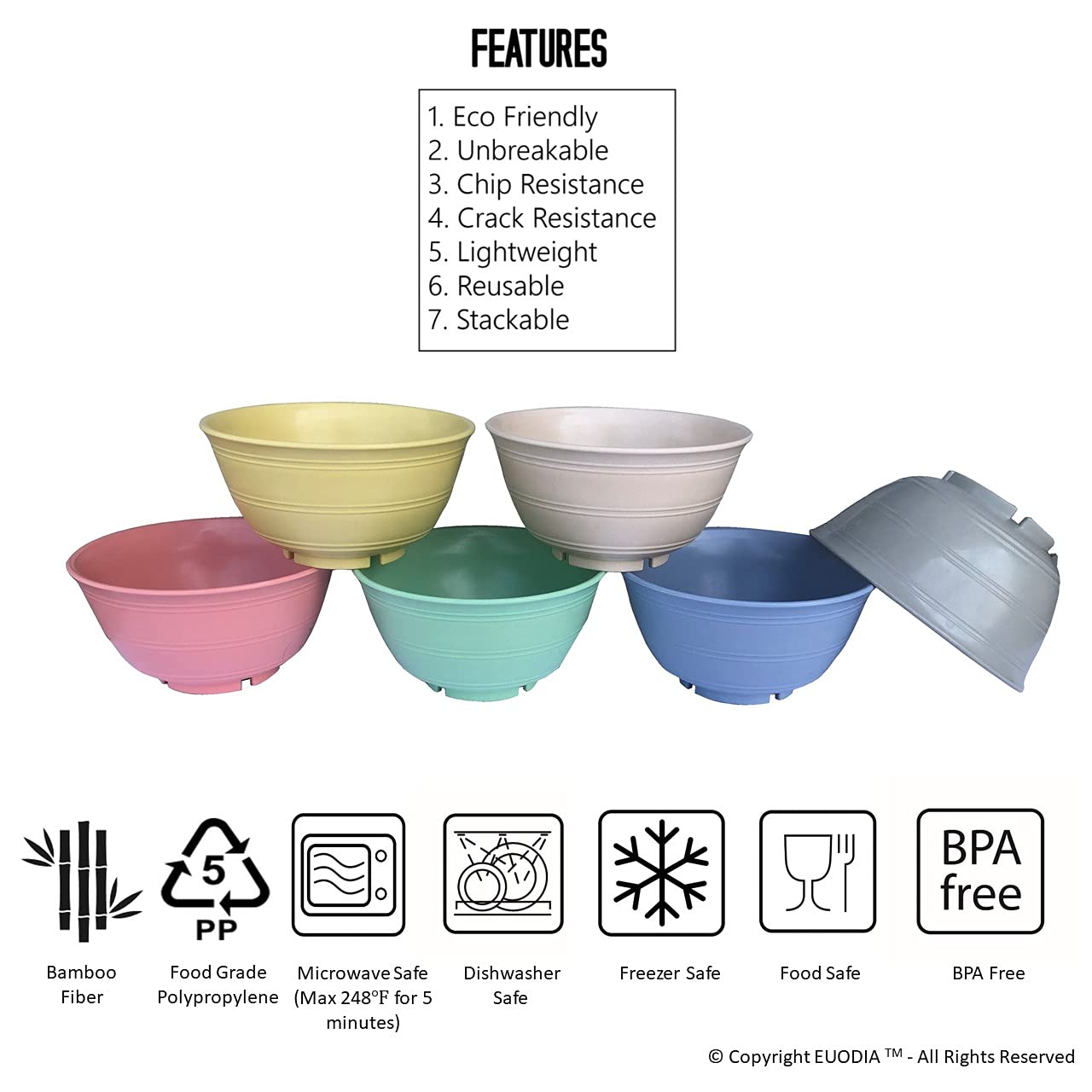 EUODIA 24 Oz Bamboo Fiber Plastic Deep Bowls for Cereal, Soup, Rice ...