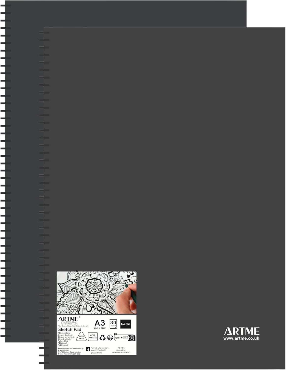 Artme A3 Sketch Pad 2pcs, 30 Sheets 160gsm, Spiral Bound, Sketchbook ...