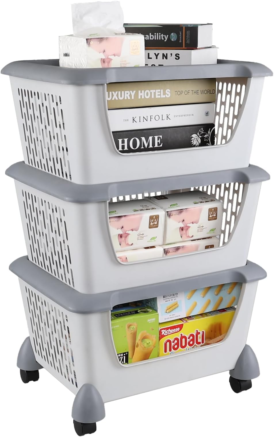 Amazon.com: Neadas 3 Tier Plastic Stackable Storage Baskets with Wheels ...