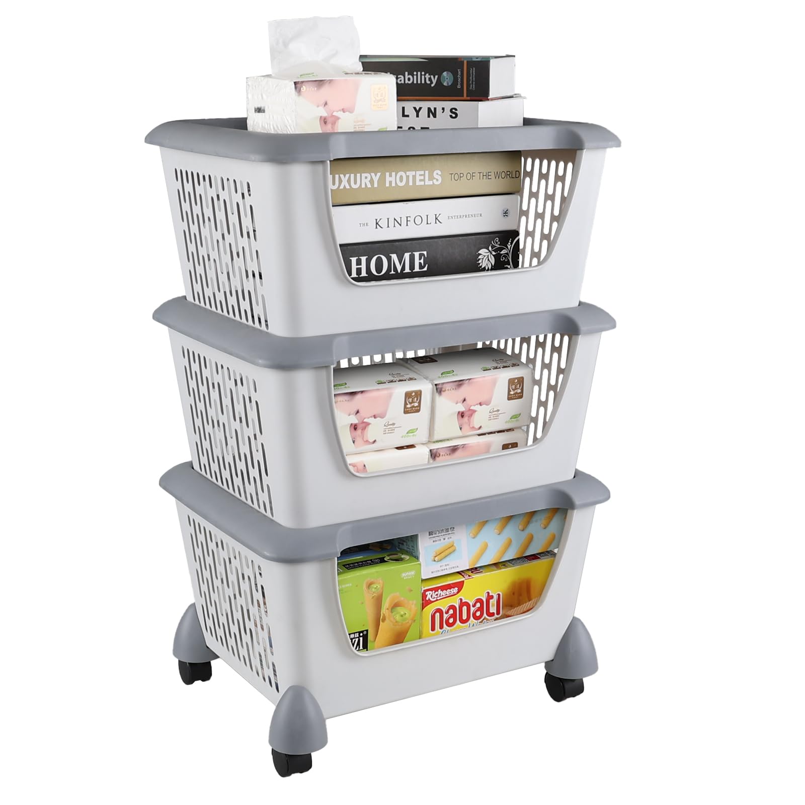 Amazon.com: Neadas 3 Tier Plastic Stackable Storage Baskets with Wheels ...