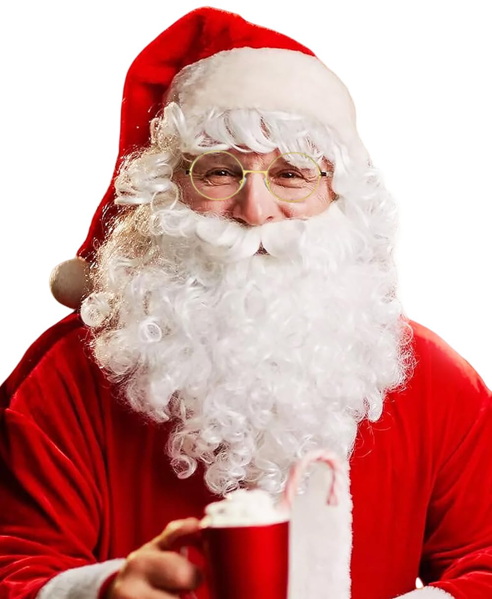 Amazon.com: shecool Deluxe Santa Beard and Wig Set - Santa Wig with 12 ...