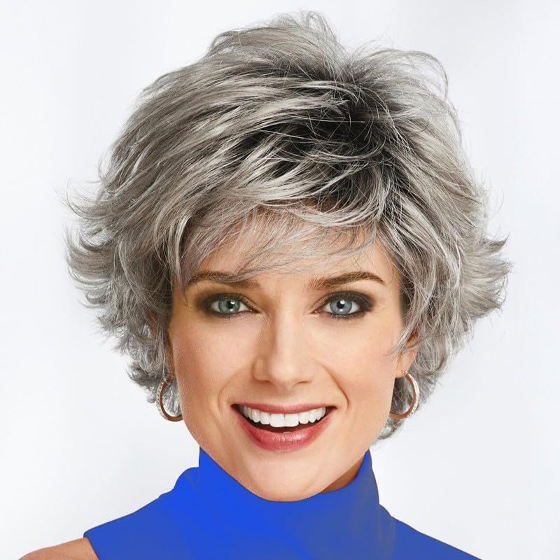 Amazon.com : VINOBOW Short Hair Wigs for White Women Gradient Gray ...